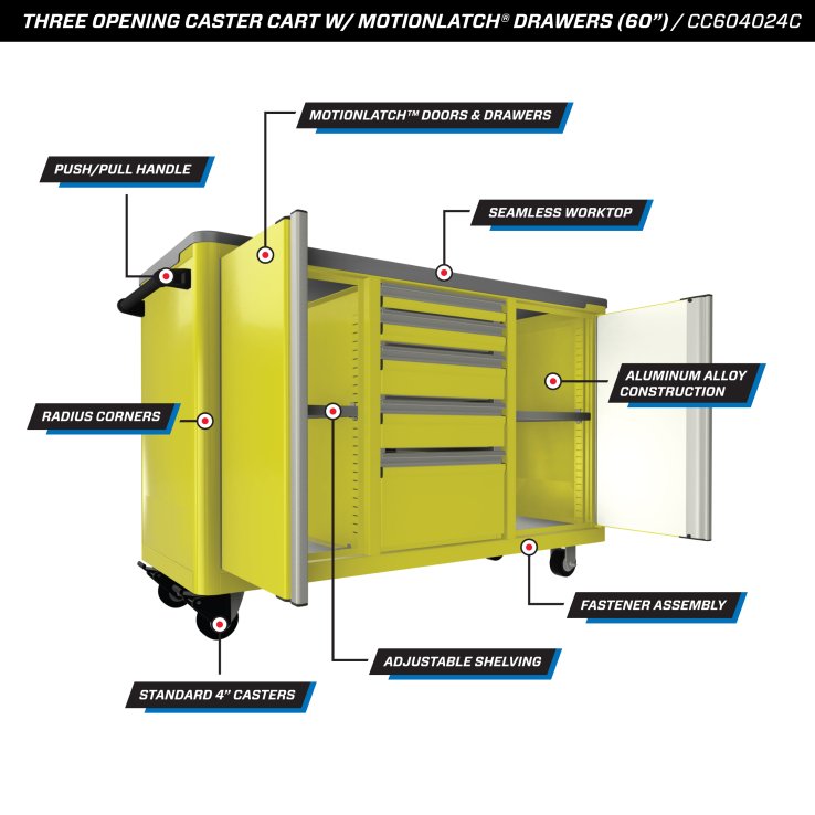 Three Opening Caster Cart w/ MotionLatch® Drawers (60")
